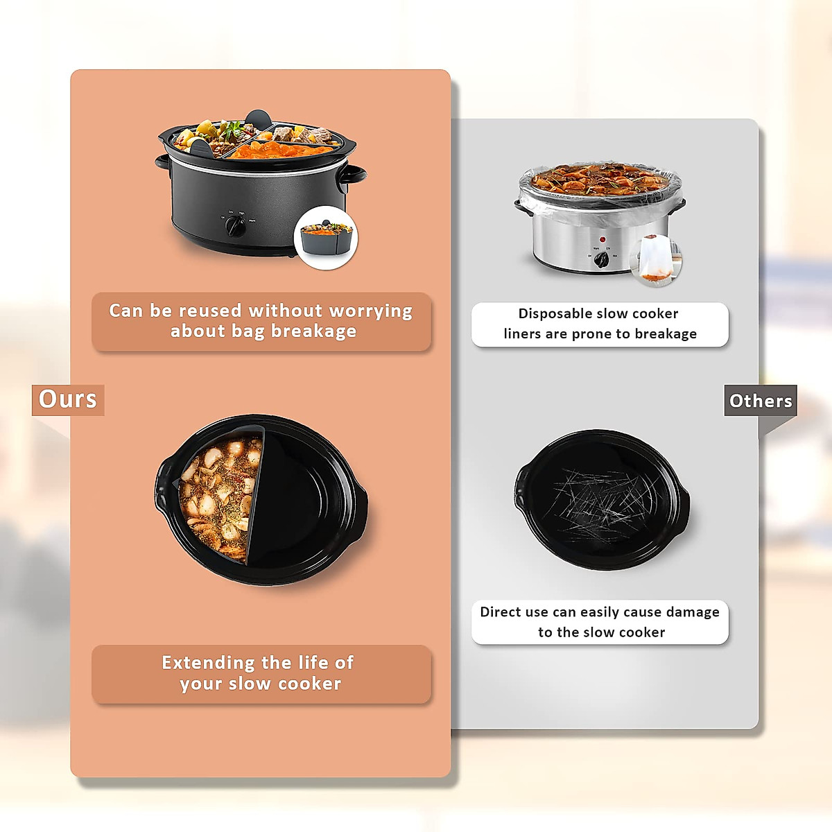 4 In 1 Crock Pot Liners, Onadak Silicone Slow Cooker Liners, Food Grade Silicone Crock Pot Liners Reusable For 6-8QT, Slow Cooker Divider BPA Free, Leak Proof, Dishwasher Safe, Replaces Disposable