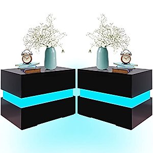 LED Nightstand Set of 2 with 2 Storage Drawers, Modern High Gloss Bedside Table with Led Lights, End Table for Bedroom Furniture(Black,2