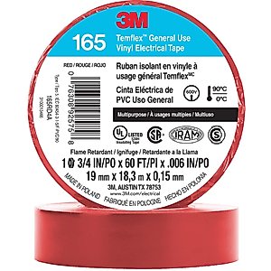 3M Temflex Multi-Purpose Vinyl Electrical Tape 165, Red, 3/4 in x 60 ft (19 mm x 18 m), 10 Roll Pack