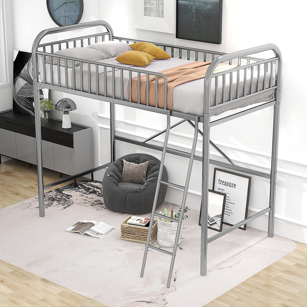 GINGVAT Twin Size Metal Loft Bed with Ladders/Full-Length Guardrails, Modern Style Study/Play Area, No Box Spring Needed, Silver
