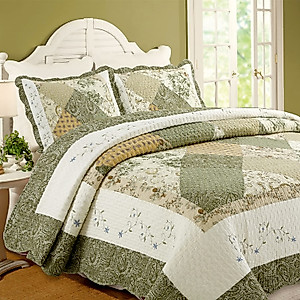 Cozy Line Home Fashions Floral Real Patchwork Green Beige Khaki Yellow Scalloped Edge Country 100% Cotton Quilt Bedding Set, Reversible Coverlet Bedspread (Laura, Twin - 2 Piece)