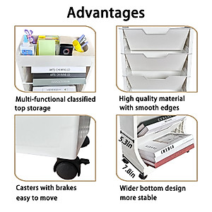 Drcoevo 5 Tier Rolling Book Utility Cart, Removable Movable Bookshelf Organizer with Wheels, Storage Book Shelves, Book Rack, Mobile White Bookcase for Study in Classroom Home School Office