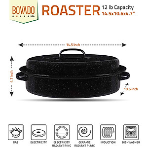 Bovado USA 15.25" Inch 12 lb Capacity Enamel Oval Turkey Roaster Pan + Lid - Thanksgiving Gift, Covered, Non-sticky, Chemical Free, Dishwasher Safe - (14.5 Inch Inner) Rôtissoire (Capacité de 5.45 kg)