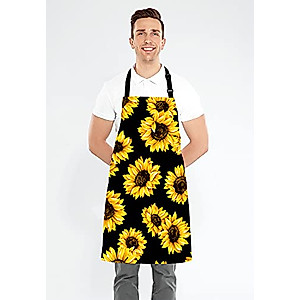 Lefolen Sunflowers Black Tropical Flower Daisy Adjustable Bib Apron, Cute Floral Sunflower Cooking Kitchen Apron for Men Women