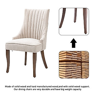 mikibama Linen Dining Chairs Set of 2 Channel Tufted Kitchen Dinner Chair Comfy Fabric Upholstered Accent Chair for Dining Room with Solid Wood Legs (Beige)