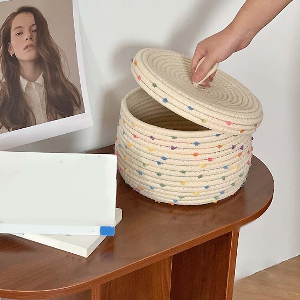 HERCHR Cotton Rope Basket, Small Rainbow Basket Mini Woven Basket Small Round Basket Woven Storage Basket with Lid for Organizing