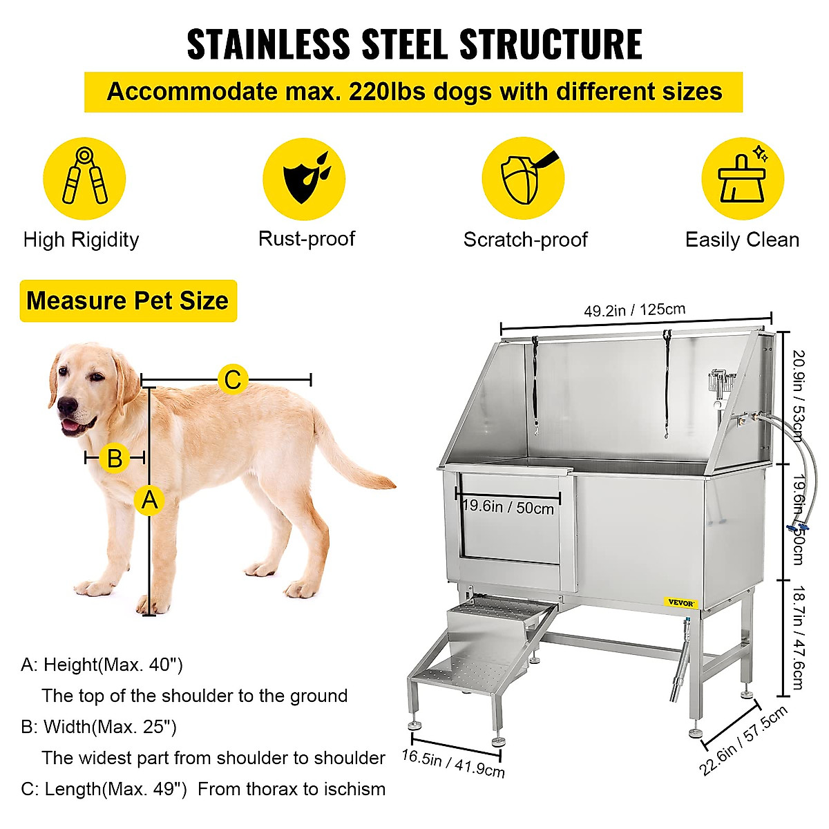 VEVOR 50 Inch Dog Grooming Tub, Professional Stainless Steel Pet Dog Bath Tub, with Steps Faucet & Accessories Dog Washing Station Left Door