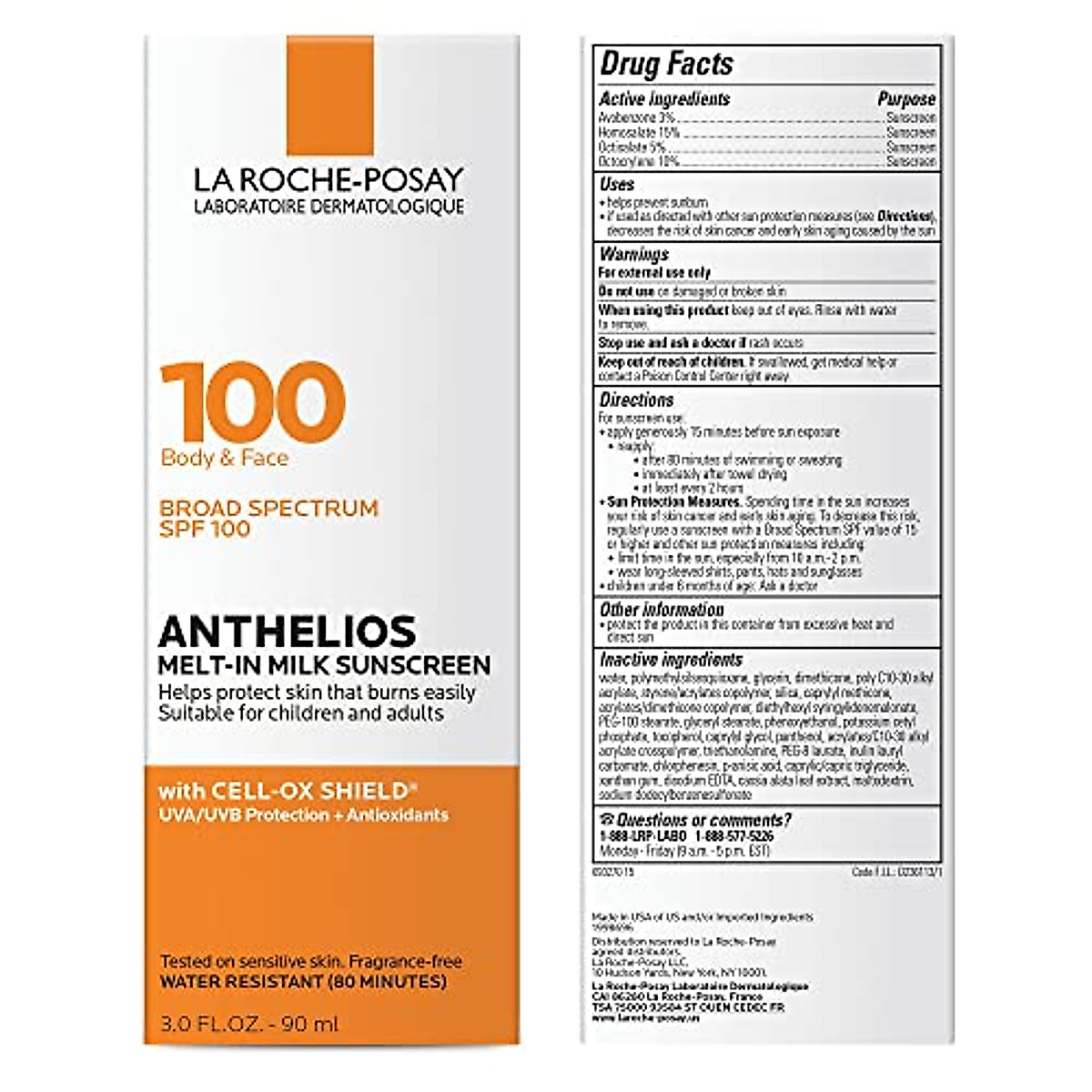 La Roche-Posay Anthelios Melt-in Milk Body & Face Sunscreen Lotion Broad Spectrum SPF 100, Oxybenzone & Octinoxate Free, Sunscreen for Kids, Adults & Sun Sensitive Skin, Unscented, 3 Fl oz