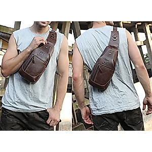 BULLCAPTAIN Men Leather Sling Chest Bag Outdoor Travel Shoulder Crossbody Bags Hiking Small Backpack (Brown)