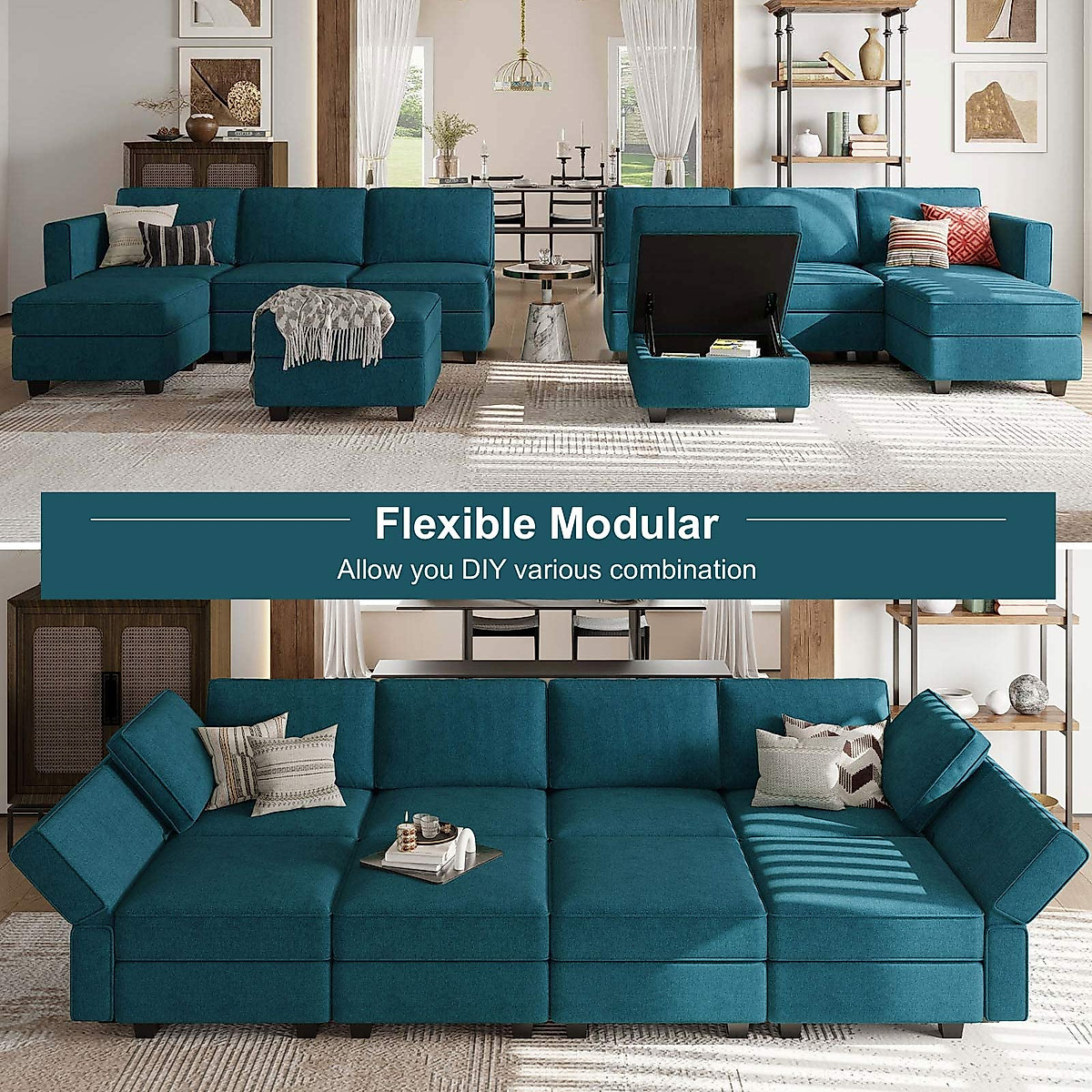 Belffin Small Sectional Sofa Modular L Shaped Couch 3 Seater Sectional Couch Convertible Chaise Ottoman with Storage Peacock Blue