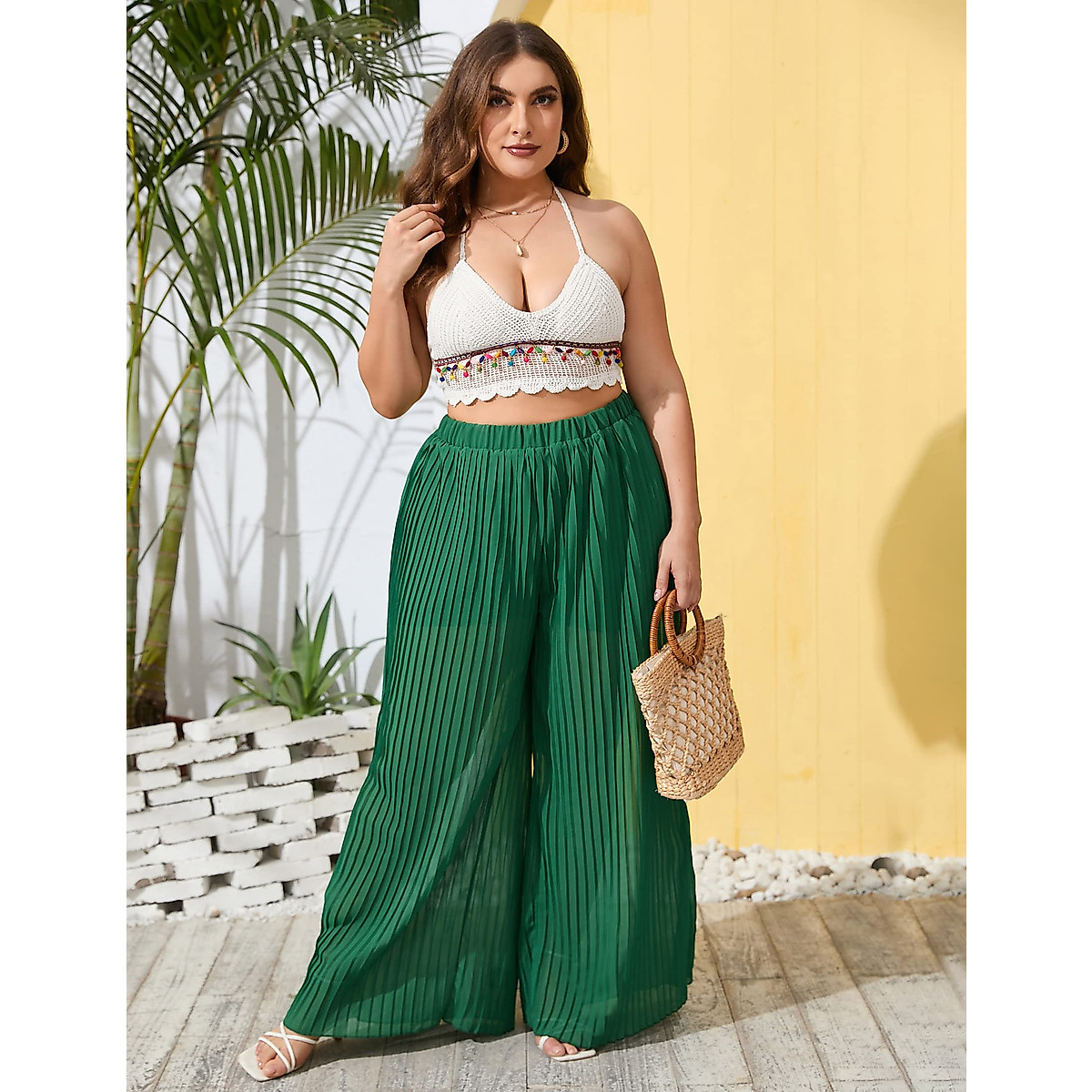 KOJOOIN Women Plus Size Pleated Wide Leg Palazzo Pants Elastic High Waist Loose Fit Chiffon Summer Casual Pants Green 2XL