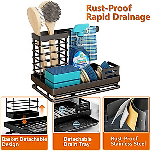 CIT ZCFYU Kitchen Sink Caddy Sponge Holder, Sink Caddy Kitchen Sink Organizer Stainless Steel, Dish Sponge Holder with Dishcloth Rack, Removable Drain Tray for Sponge, Gifts for Women & Men, Black