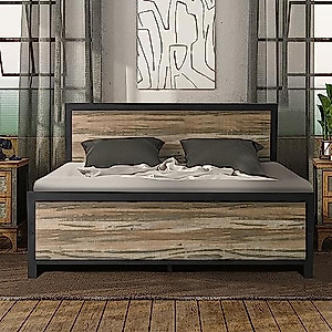 Catrimown Full Size Platform Metal Bed Frame with Wooden Headboard and Footboard, Rustic Full Bed Frame No Box Spring Needed, Under Bed Storage/Strong Slat Support/Easy Assembly, Brown