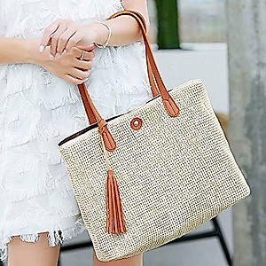 Felice Ann Women Large Tassels Straw Woven Shoulder Bag Beach Handbag Top-handbag Bag Purse Large Brown