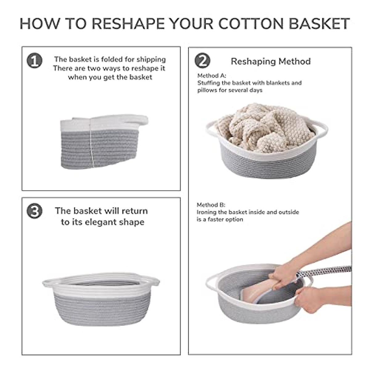 Goodpick Small Woven Basket Cute Gray Rope Basket Cotton Basket Baby Room Storage Basket Dog Toy Basket with Handles Empty Gift Basket for Shelf 12"x 8" x 5" Easter Basket Oval Candy Color Design