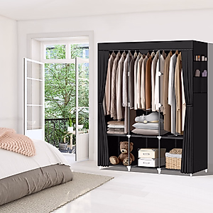LOKEME Portable Closet, Portable Closets for Hanging Clothes with 3 Hanging Rods and 6 Storage Shelves and 4 Side Pockets, Black Wardrobe Closet Easy to Assemble and Strong and Stable