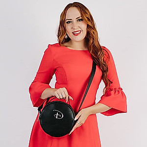 Disney Bag, Cross Body, Round, Signature D Logo, Silver Emblem, Chevron Zig Zag Stitch, Black, Vegan Leather