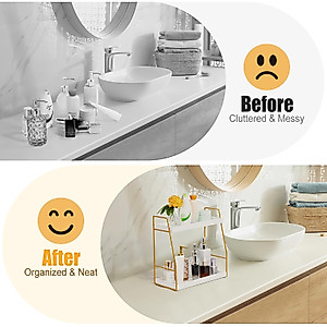 BYT Bathroom Organizer Countertop, 2-Tier Bathroom Organizer Tray for Counter with Basket, Vanity Organizer and Storage for Makeup Bedroom, Wood Spice Rack Organizer for Kitchen (Golden+White)