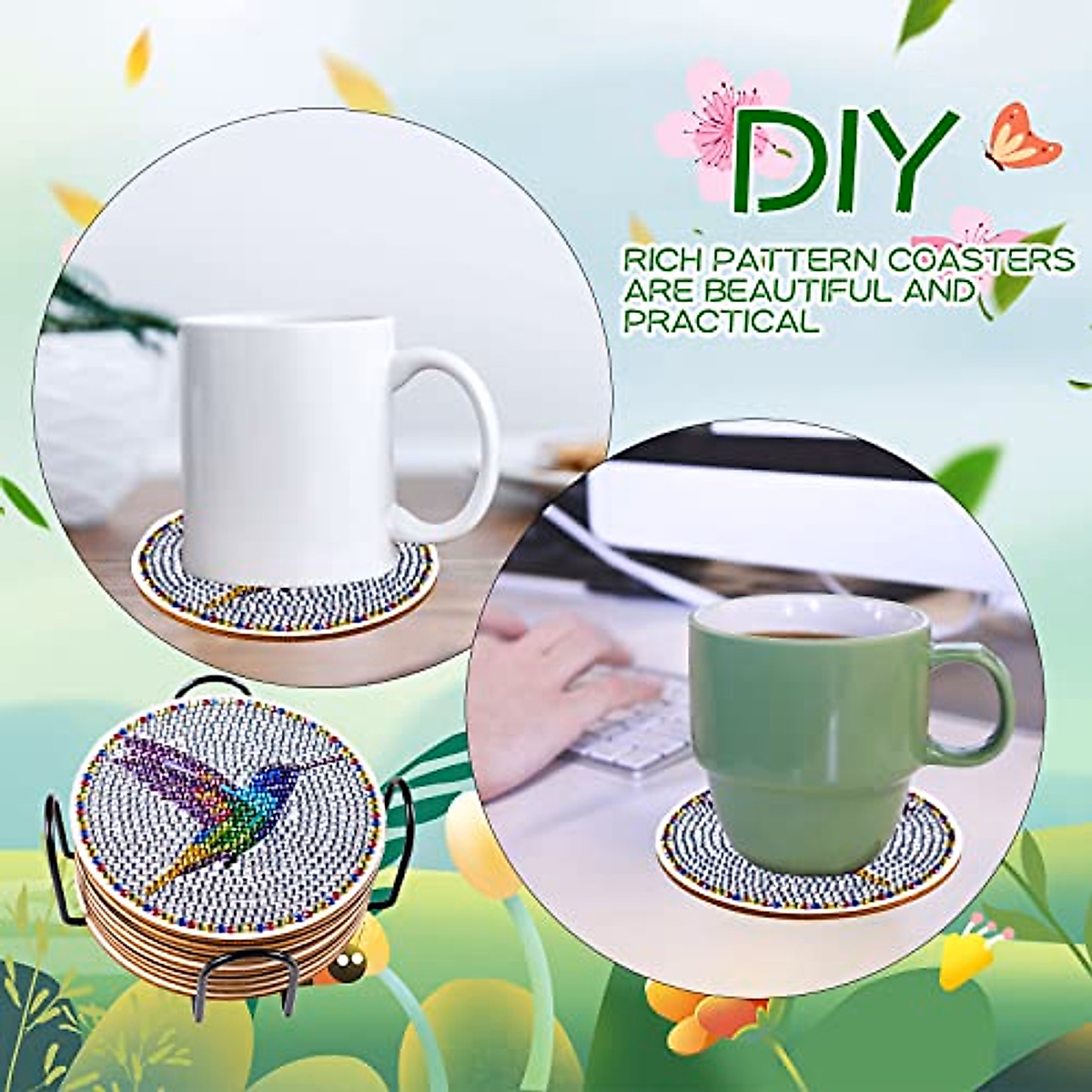 JHGCVX 10 Pcs Hummingbird Diamond Painting Coasters Kit,Diamond Art Coasters with Holder,Cute Hummingbird Diamond Painting Coasters for Adults Beginners and Kids Art Craft Supplies Gift