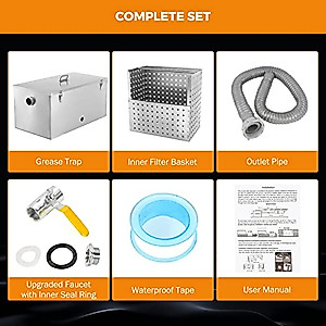 BEAMNOVA Commercial Grease Trap 25lbs Stainless Steel Interceptor, Side Inlet for Restaurant Home Kitchen Tools
