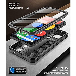 Poetic Revolution Series for Google Pixel 5 Case, Full-Body Rugged Dual-Layer Shockproof Protective Cover with Kickstand and Built-in-Screen Protector, Black