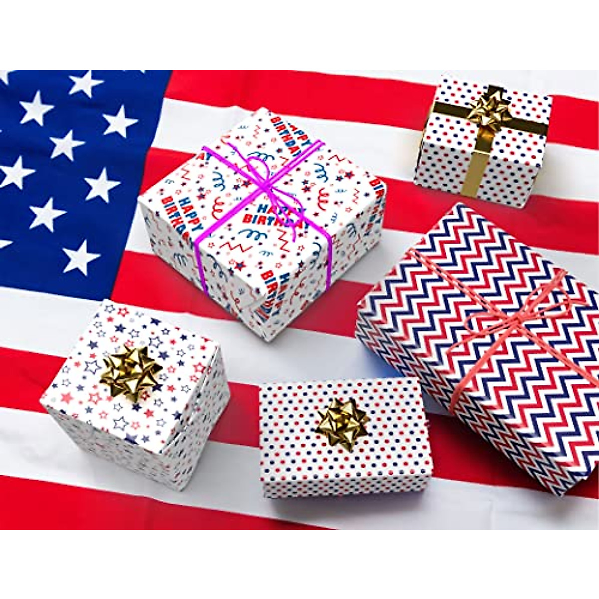 ZINTBIAL Birthday Wrapping Paper for Kids Adults - Gift Wrap with American Theme Stars, Stripes, Chevron and "Happy Birthday" Design - 20 x 29 Inches per Sheet (8 Sheets 33 sq. ft.) Recyclable, Easy to Store, Not Rolled
