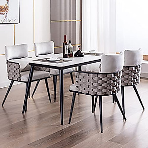BFZ Mid-Century Modern Dining Chairs Set of 4, Handmade Woven Kitchen Chairs, Upholstered Velvet Chairs with Metal Legs, Living Room