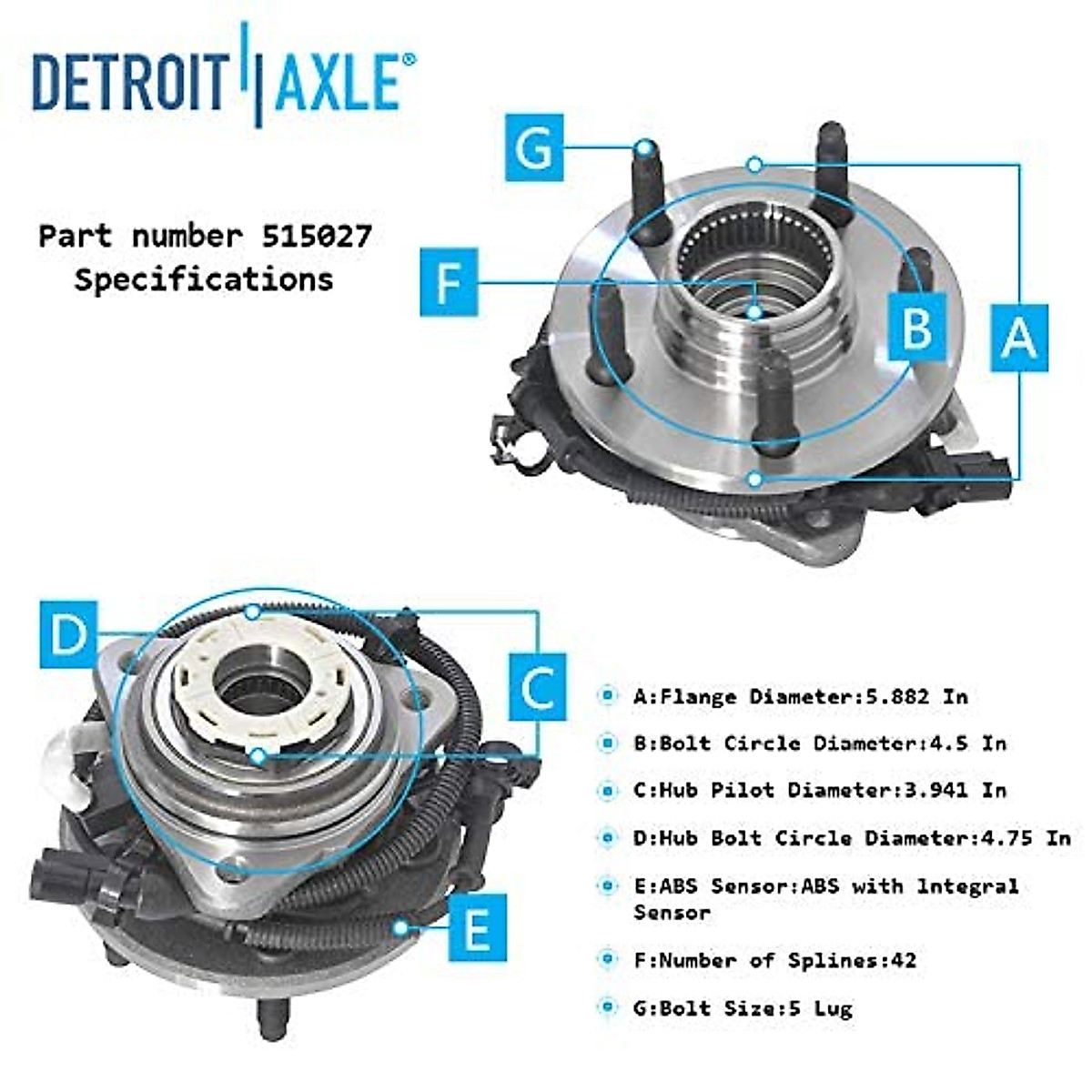 Detroit Axle - 4WD Front Wheel Bearing Hubs for 1998-2000 Ford Ranger Mazda B4000, Replacement 1999 Ranger B4000 [w/ 4-Wheel ABS] Wheel Bearing and Hubs Assembly Set