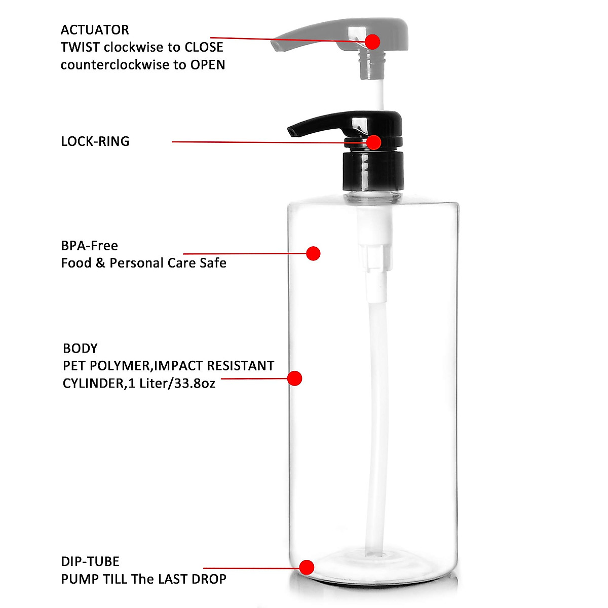 Youngever 4 Pack Pump Bottles for Shampoo 32 Ounce (1 Liter), Empty Shampoo Pump Bottles, Plastic Cylinder with Lockdown-Leak Proof-Pumps (Black Pump)