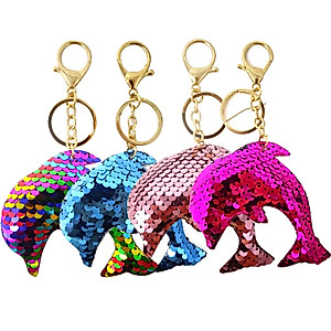 Honbay 4PCS Sparkly Sequins Keychains Ocean Theme Animal Dolphin Shaped Keychains Party Favors Car Keychain Handbag Hanging Ornament Backpack Keychain, for Birthday, Wedding, Christmas, etc