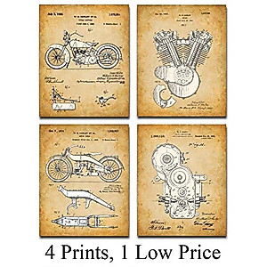 Original Harley Davidson Motorcycle Patent Wall Art Prints - Set of Four Photos (8x10) Unframed Posters - Great Home Decor and Gift for Men and Women Under $15 for Hog Riders