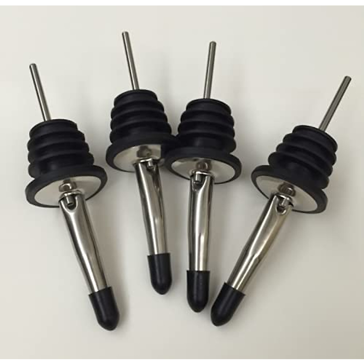 JQYXSS Stainless Steel Pourers, 4 Pcs Classic Bottle Pourers Tapered Spout with Rubber Caps, Wine Pour Liquor Dust Caps Covers, Wine Bottle Stopper, for Pours Liquid, Olive Oil, Wine, Vinegar