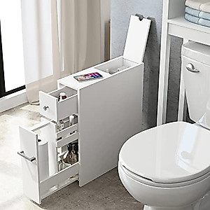 Spirich Home Slim Bathroom Storage Cabinet, Free Standing Toilet Paper Holder, Bathroom Cabinet Slide Out Drawer Storage, White
