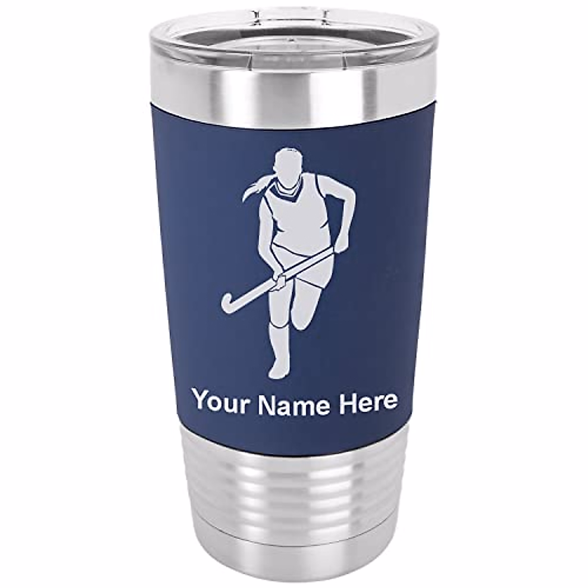 LaserGram 20oz Vacuum Insulated Tumbler Mug, Field Hockey Woman, Personalized Engraving Included (Silicone Grip, Navy Blue)