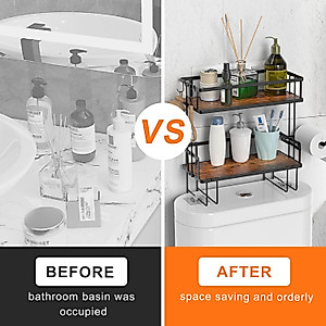 FLOLXNB 2 Tier Bathroom Storage Shelf, Wooden Toilet Shelf Organizer, Over The Toilet Storage Shelf,Toilet Storage Rack with Paper Holder and Hooks, No Drilling Wall Mounted Storage Rack, Black