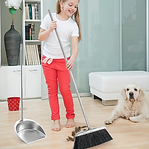 Broom and Dustpan Set for Home, Upright Broom and Dust Pan with Long Handle, Heavy Duty Stainless Steel Dustpan with Broom Combo Set for Sweeping Indoor Outdoor Kitchen Lobby Floor, Black