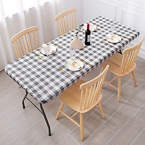 smiry Rectangle Table Cloth Cover, Elastic Waterproof Fitted Vinyl Table Covers for 4 FT Tables, Flannel Backed Buffalo Plaid Tablecloth for Picnic, Camping, Outdoor (White and Grey, 30 x 48 Inches)