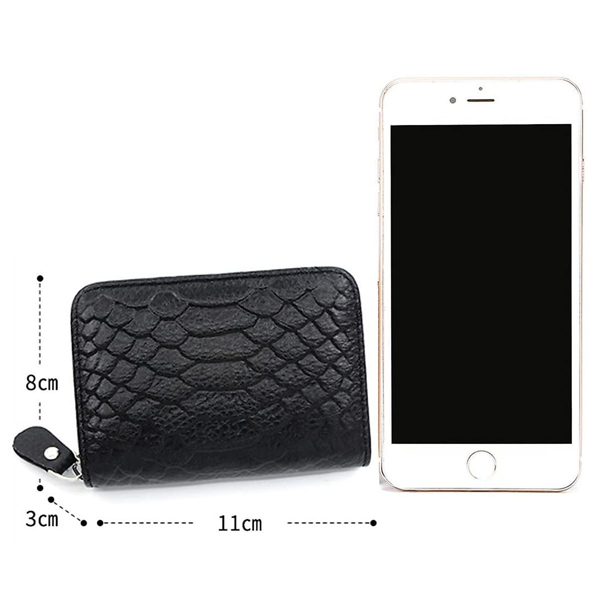 ZHSH Small Rfid Blocking Full-grain Leather Wallet, Zipper Credit Card Holders, ID Case Organizer Purse (Black/Embossed crocodile)
