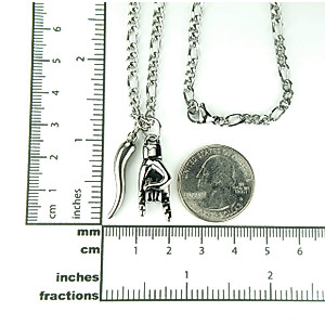 Mano Cornuto and Cornicello combo Necklace, on 24" Figaro Chain, Portafortuna Italian Lucky Hand Horn Anti Evil Good Luck Protection Amulet Charms, Pure 304 Stainless Steel Waterproof, Hypo-Allergenic