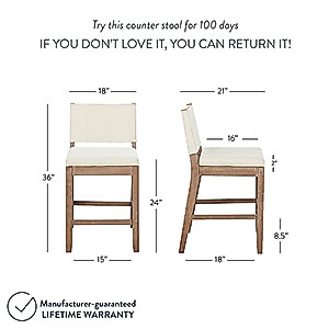 Linus Modern Upholstered Counter Height Bar Stool with Back and Solid Rubberwood Legs in a Wire-Brushed Grey Finish, Natural Flax/Brown