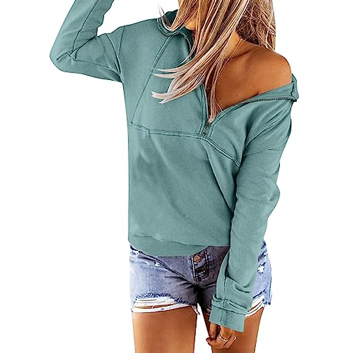 PGANDS Women's Hoodies Half Zip Fleece Sweatshirts Long Sleeve Lined Collar Zipper Loose Casual Hooded Pullover Tops Teal