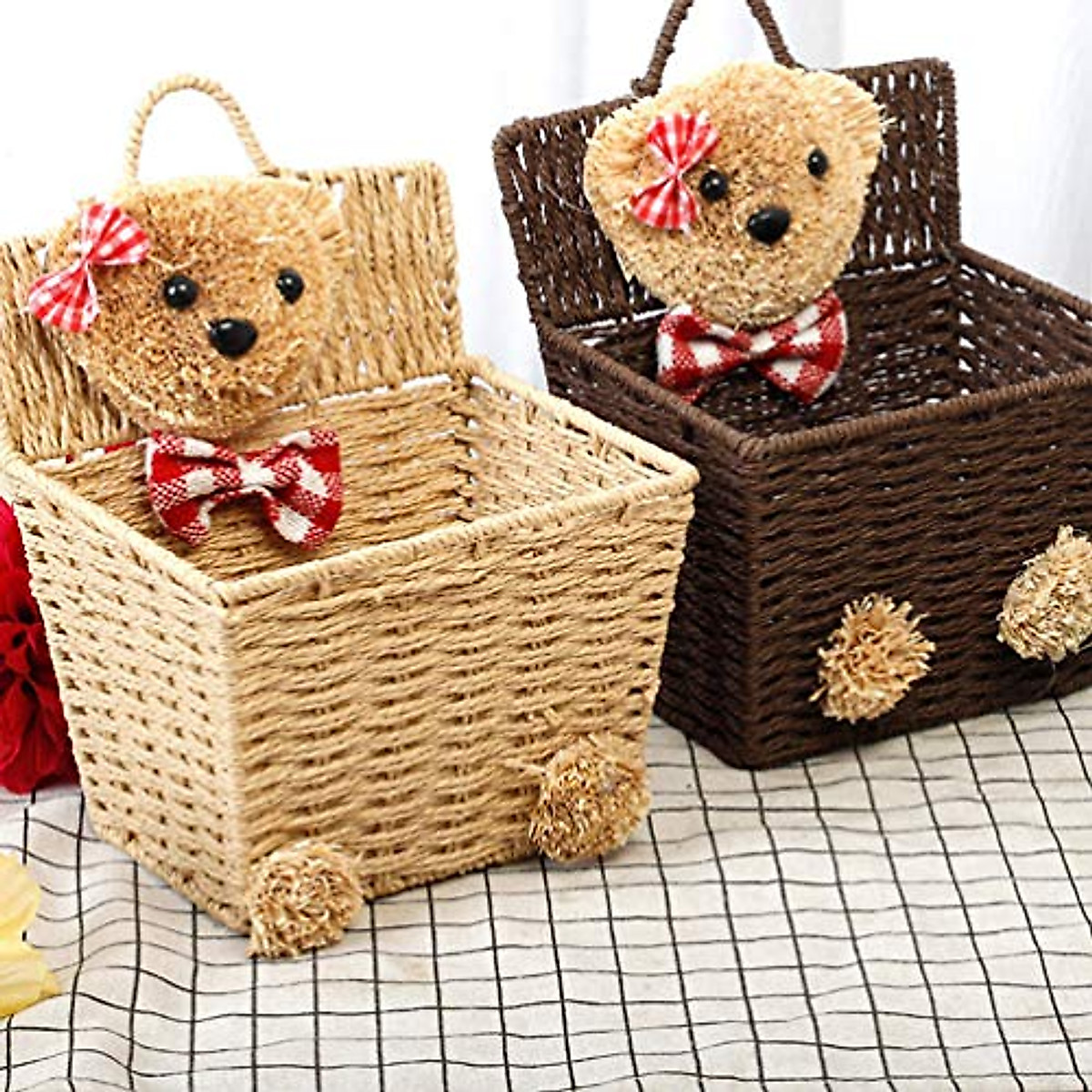 DOITOOL Woven Storage Baskets Storage Basket Willow Basket Rustic Hanging Woven Storage Bin Desktop Sundries Makeup Basket with Lid Handle Multifunctional Wicker Organizer Brown Woven Storage Basket