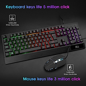 Rii RK400 RGB Gaming Keyboard and Mouse Combo ,Wired Mechanical Feel 3-LED Backlit Keyboard,104 Keys USB Ergonomic Wrist Rest Keyboard,6 Button RGB Mouse for Windows Gamer Desktop, Computer (Black)