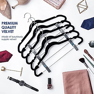 TIMMY 30-Pack Pants Hangers, 16.7-Inch Long Velvet Trousers Hangers with Adjustable Clips, Heavy-Duty, Non-Slip, Space-Saving ，360 ° Swivel Hooks Black Velvet Hanger