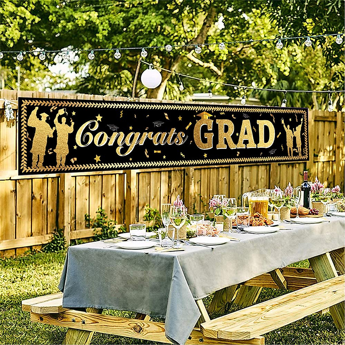 Mocossmy Graduation Yard Banner 2022,9.8 x 1.6 Ft Large Congrats Grad Banner Black and Gold Graduation Yard Signs Decoration Backdrop for Photography High School College Graduation Party Decoration