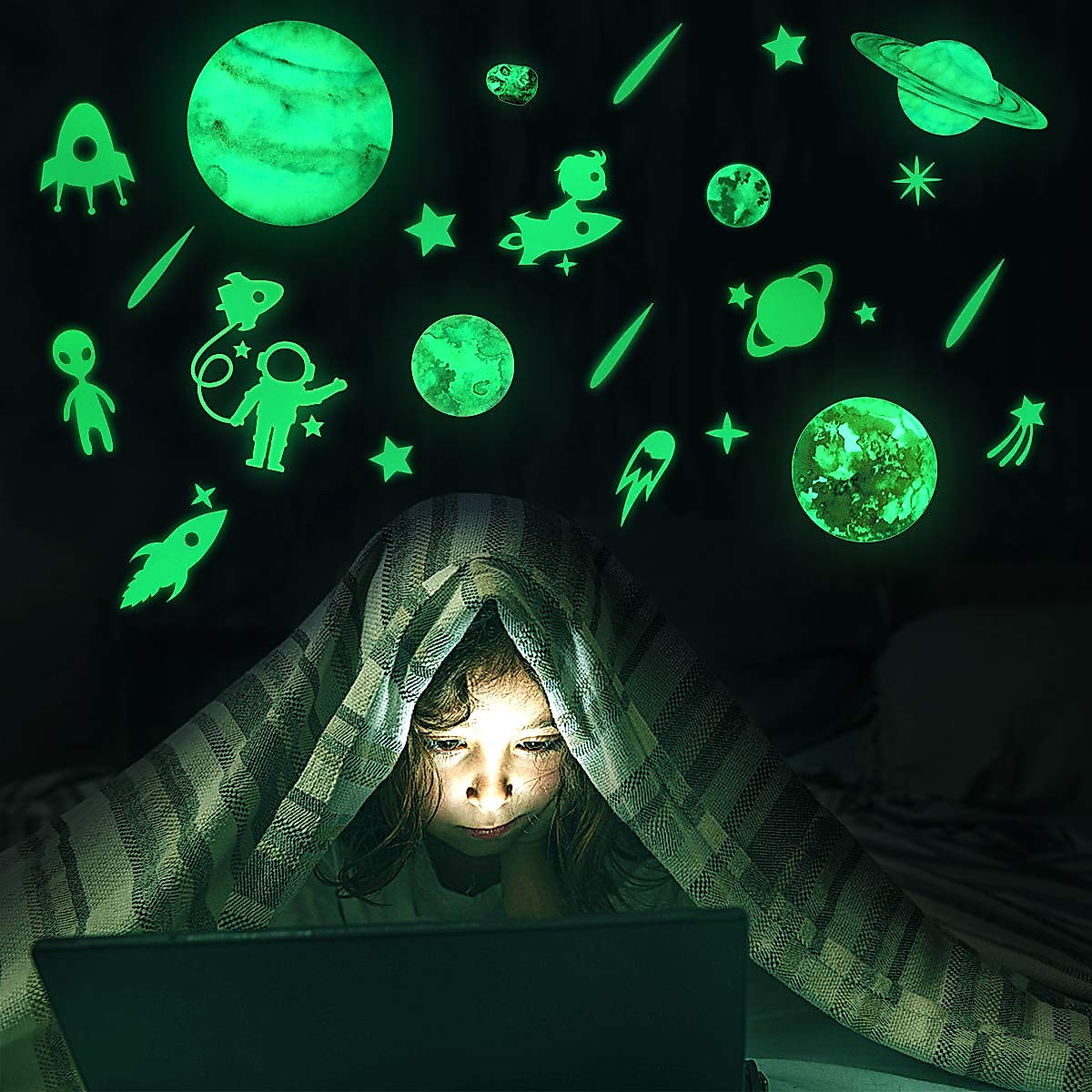 Toyvian Glow in The Dark Stars and Planets,Bright Solar System Wall Stickers,15 Glowing Ceiling Decals for Bedroom,Sun Earth and so on,Shining Space Decoration for Kids Girls and Boys,140PCS