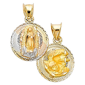 Ioka 14K Tri Color Gold Diamond Cut Double Side Stamp Virgin Mary Baptism Charm Pendant with 1.5mm Valentino Chain Necklace - 18"