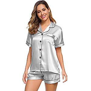 SWOMOG Womens Silk Satin Pajamas Set Two-piece Pj Sets Sleepwear Loungewear Button-Down Pj Sets Grey