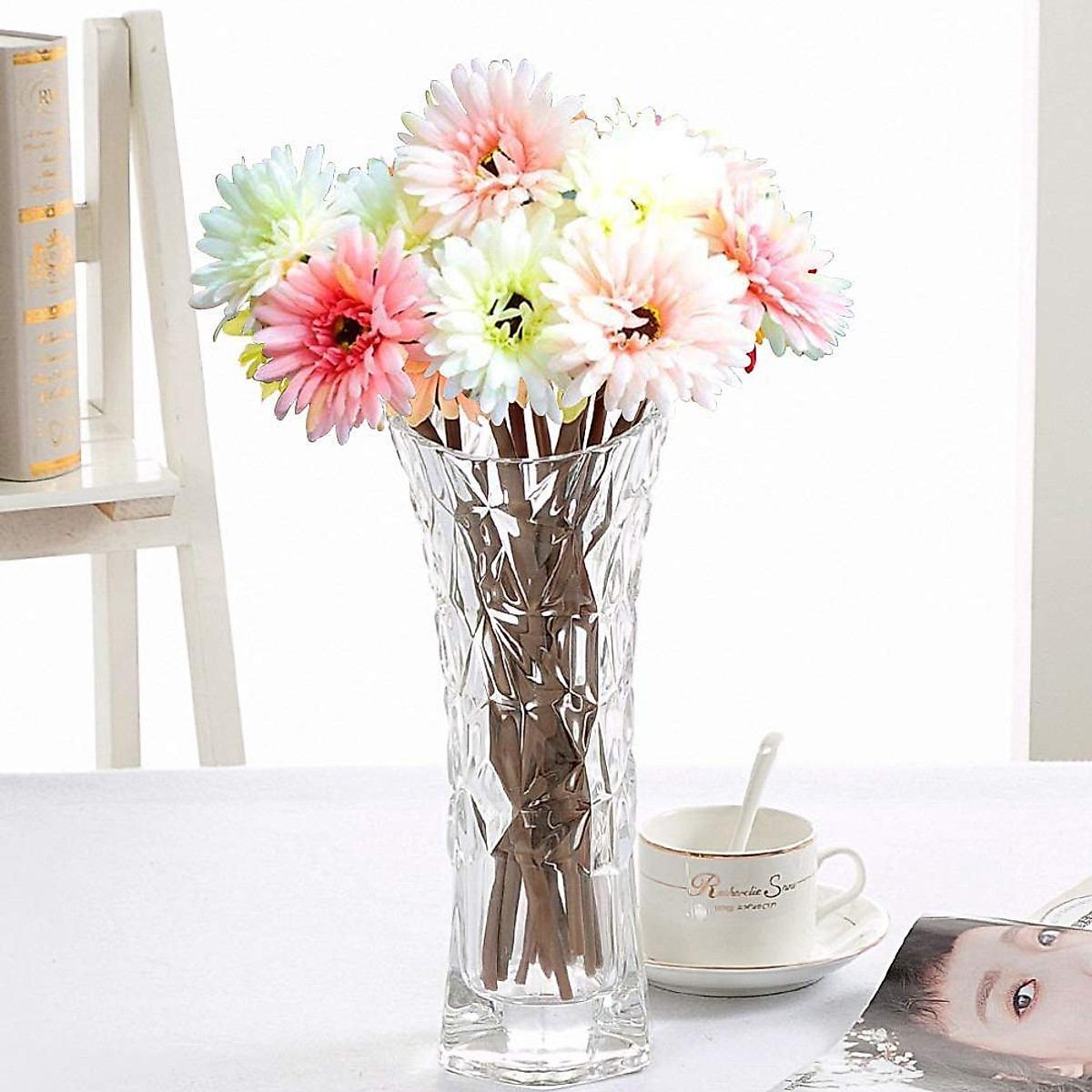 BigOtters Fake Daisy Fake Flowers, 14PCS Faux Gerbera Daisies African Silk Daisy Flowers Artificial for Wedding Bridal Bouquet Party Home Kitchen Decor(Pink and White)