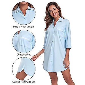 COLORFULLEAF 100% Cotton Nightgowns for Women 3/4 Sleeve Sleep Shirt Button Down Soft Sleepwear Night Dress S-XXL (Light Blue,M)